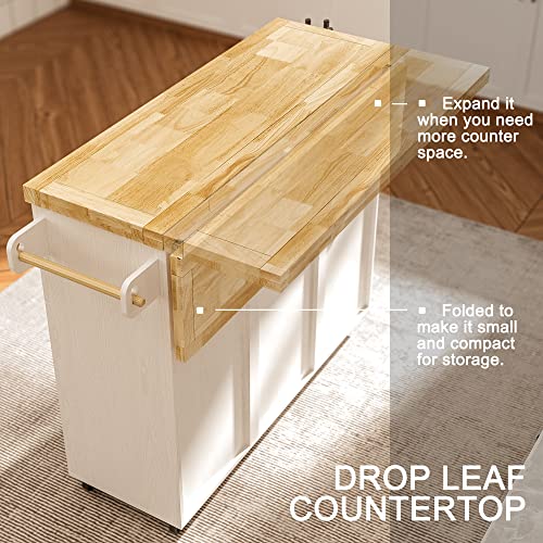 IRONCK Rolling Kitchen Island Cart with Drop-Leaf Countertop, Barn 3Drawers, Barn Door Style Cabine,Thicker Rubberwood Top, Spice Rack, on Wheels, for Kitchen and Dining Room, White