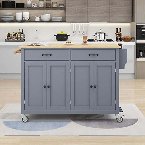 LUMISL Kitchen Island Cart with Spice Rack, Towel Rack and Drawers, Rolling Mobile Kitchen Island on Wheels with Large Storage Cabinets (Dusty Blue)