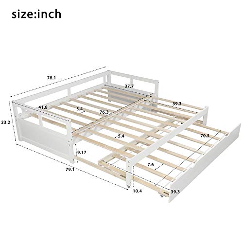 Extendable Daybed with Trundle Beds, Wood Daybed Frame with Pull Out Trundle, Twin to King Design Extending Daybed for Kids Girls Boys Teens Adults, No Box Spring Required, White