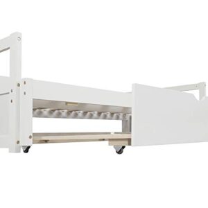 Extendable Daybed with Trundle Beds, Wood Daybed Frame with Pull Out Trundle, Twin to King Design Extending Daybed for Kids Girls Boys Teens Adults, No Box Spring Required, White