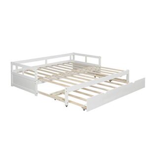 Extendable Daybed with Trundle Beds, Wood Daybed Frame with Pull Out Trundle, Twin to King Design Extending Daybed for Kids Girls Boys Teens Adults, No Box Spring Required, White