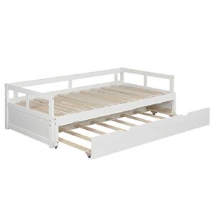 Extendable Daybed with Trundle Beds, Wood Daybed Frame with Pull Out Trundle, Twin to King Design Extending Daybed for Kids Girls Boys Teens Adults, No Box Spring Required, White