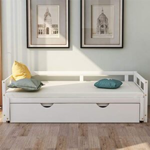 Extendable Daybed with Trundle Beds, Wood Daybed Frame with Pull Out Trundle, Twin to King Design Extending Daybed for Kids Girls Boys Teens Adults, No Box Spring Required, White