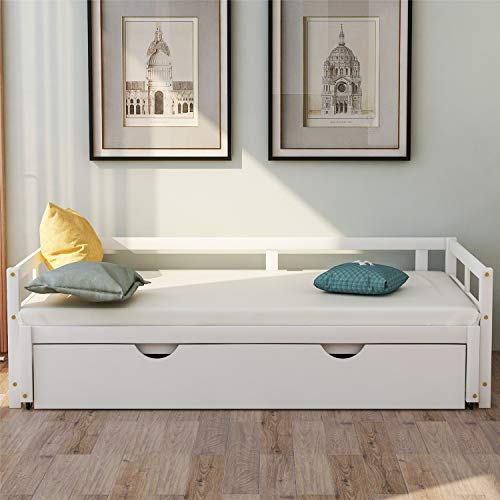 Extendable Daybed with Trundle Beds, Wood Daybed Frame with Pull Out Trundle, Twin to King Design Extending Daybed for Kids Girls Boys Teens Adults, No Box Spring Required, White