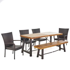 christopher knight home salla outdoor acacia wood dining set with wicker stacking chairs, 6-pcs set, teak finish / rustic metal / multibrown