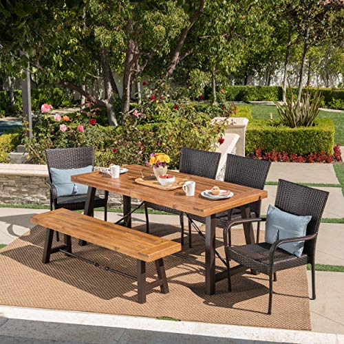 Christopher Knight Home Salla Outdoor Acacia Wood Dining Set with Wicker Stacking Chairs, 6-Pcs Set, Teak Finish / Rustic Metal / Multibrown