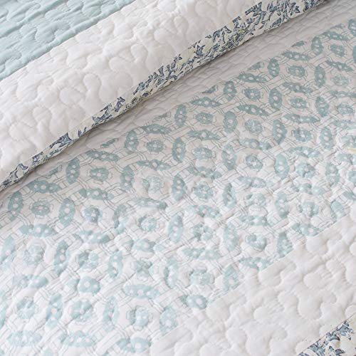 Madison Park 100% Cotton Quilt Set Floral Print, Double Sided Stitching, All Season, Lightweight Coverlet Shabby Chic Bedding Layer, Matching Shams, King/Cal King, Light Teal 6 Piece