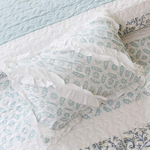 Madison Park 100% Cotton Quilt Set Floral Print, Double Sided Stitching, All Season, Lightweight Coverlet Shabby Chic Bedding Layer, Matching Shams, King/Cal King, Light Teal 6 Piece