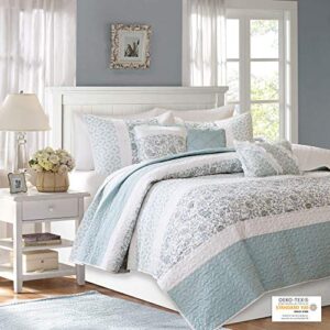 Madison Park 100% Cotton Quilt Set Floral Print, Double Sided Stitching, All Season, Lightweight Coverlet Shabby Chic Bedding Layer, Matching Shams, King/Cal King, Light Teal 6 Piece