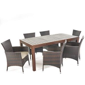 christopher knight home christine outdoor dining set with wood table and wicker dining chairs with water resistant cushions, 7-pcs set, dark brown / multibrown / beige