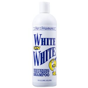 chris christensen white on white whitening treatment dog shampoo, groom like a professional, brightens white & other color, safely removes yellow & other stains, all coat types, made in usa, 16 oz.