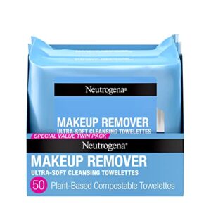 neutrogena makeup remover cleansing face wipes, daily cleansing facial towelettes remove makeup & waterproof mascara, alcohol-free, 100% plant-based fibers, value twin pack, 25 count, 2 pk