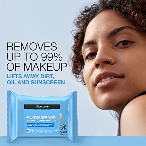 Neutrogena Makeup Remover Cleansing Face Wipes, Daily Cleansing Facial Towelettes Remove Makeup & Waterproof Mascara, Alcohol-Free, 100% Plant-Based Fibers, Value Twin Pack, 25 count, 2 pk