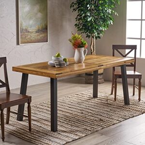 Christopher Knight Home Della Acacia Wood Dining Table, Natural Stained with Rustic Metal & Carlisle Outdoor Acacia Wood and Rustic Metal Bench, Sandblast Finish/Rustic Metal