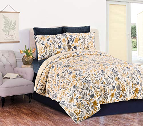 C&F Home Natural Home Full Queen Cotton Quilt Set All-Season Oversized Reversible Floral Leaves Bedding 3 Piece with Shams Full/Queen 3 Piece Set Yellow