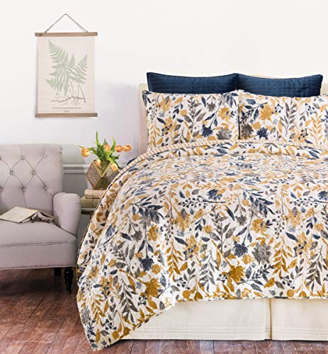 C&F Home Natural Home Full Queen Cotton Quilt Set All-Season Oversized Reversible Floral Leaves Bedding 3 Piece with Shams Full/Queen 3 Piece Set Yellow