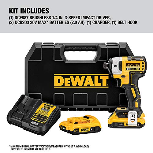 DEWALT 20V MAX* XR Cordless Impact Driver Kit, Brushless, 1/4-Inch, 3-Speed, 2 Batteries (DCF887D2)