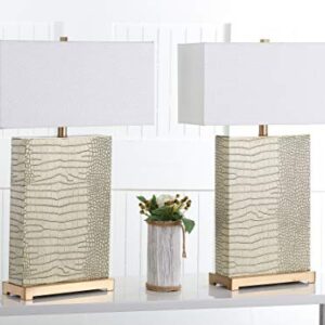 SAFAVIEH Lighting Collection Joyce Modern Art Deco Cream Faux Snakeskin Rectangle Shade 28-inch Bedroom Living Room Home Office Desk Nightstand Table Lamp Set of 2 (LED Bulbs Included)