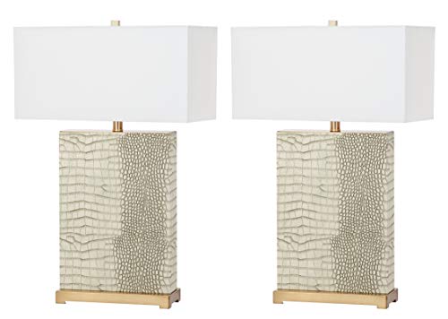 SAFAVIEH Lighting Collection Joyce Modern Art Deco Cream Faux Snakeskin Rectangle Shade 28-inch Bedroom Living Room Home Office Desk Nightstand Table Lamp Set of 2 (LED Bulbs Included)