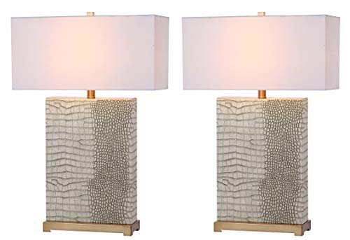 SAFAVIEH Lighting Collection Joyce Modern Art Deco Cream Faux Snakeskin Rectangle Shade 28-inch Bedroom Living Room Home Office Desk Nightstand Table Lamp Set of 2 (LED Bulbs Included)