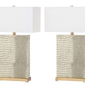 SAFAVIEH Lighting Collection Joyce Modern Art Deco Cream Faux Snakeskin Rectangle Shade 28-inch Bedroom Living Room Home Office Desk Nightstand Table Lamp Set of 2 (LED Bulbs Included)