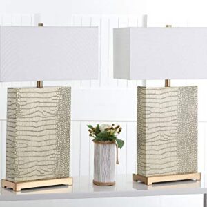 SAFAVIEH Lighting Collection Joyce Modern Art Deco Cream Faux Snakeskin Rectangle Shade 28-inch Bedroom Living Room Home Office Desk Nightstand Table Lamp Set of 2 (LED Bulbs Included)