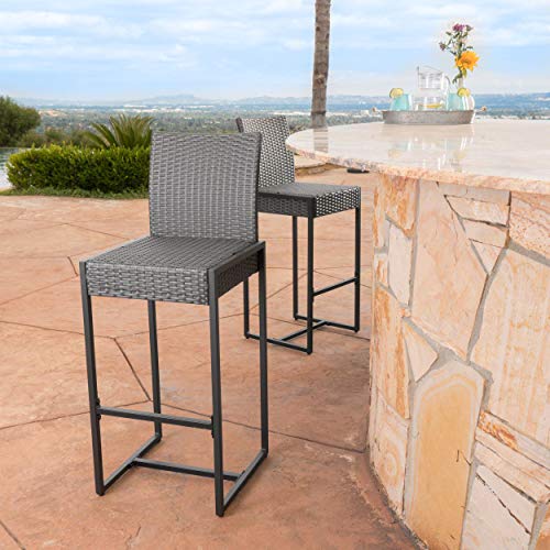 Christopher Knight Home Conrad Outdoor Wicker Barstools, 2-Pcs Set, Grey