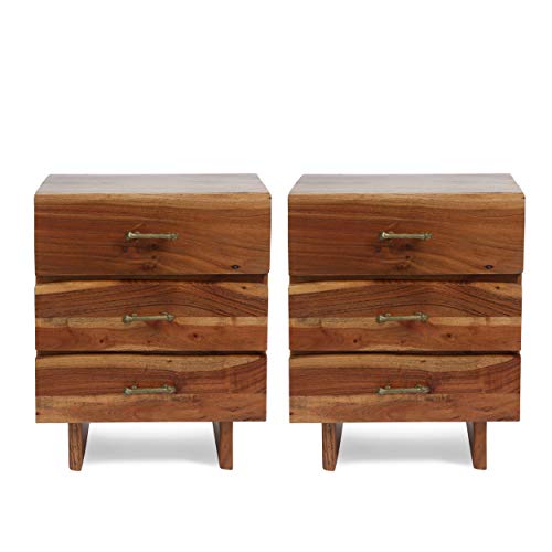 Christopher Knight Home Terrell Handcrafted Boho Acacia Wood 3 Drawer Nightstand (Set of 2), Dark Natural