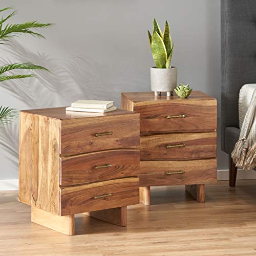 Christopher Knight Home Terrell Handcrafted Boho Acacia Wood 3 Drawer Nightstand (Set of 2), Dark Natural