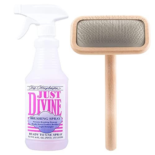 Chris Christensen Grooming Bundle - Just Divine Ready to Use Brushing Spray for Dogs, Prevents Brushing Damage, Light Detangler - Mark II Small Slicker Dog Brush, Round Ground Stainless Steel Pins