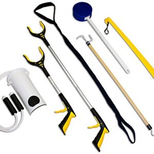 RMS Premium 7-Piece Hip Knee Replacement Kit with Leg Lifter, 19 and 32 inch Rotating Reacher Grabber, Long Handle Shoe Horn, Sock Aid, Dressing Stick, Bath Sponge - for Knee or Back Surgery Recovery