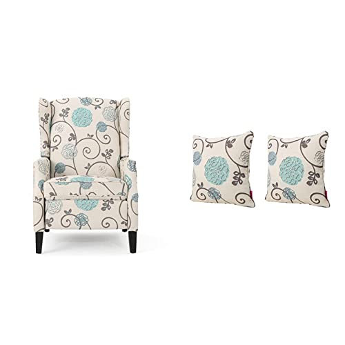 Christopher Knight Home Westeros Traditional Wingback Fabric Recliner Chair (White & Blue Floral) and Ippolito Fabric Pillows, 2-Pcs Set, White and Blue Floral