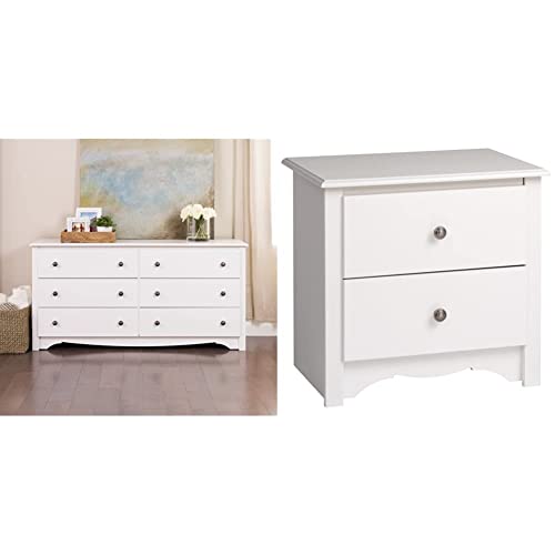 Sonoma 6 Drawer Double Dresser for Bedroom, White & Sonoma 2-Drawer Nightstand, White