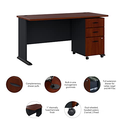 Bush Business Furniture Series A 60W Desk with Mobile File Cabinet in Hansen Cherry and Galaxy