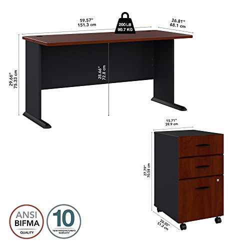 Bush Business Furniture Series A 60W Desk with Mobile File Cabinet in Hansen Cherry and Galaxy