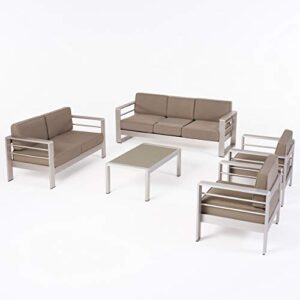 christopher knight home nicole outdoor 7-seater patio sofa set with coffee table, silver + khaki