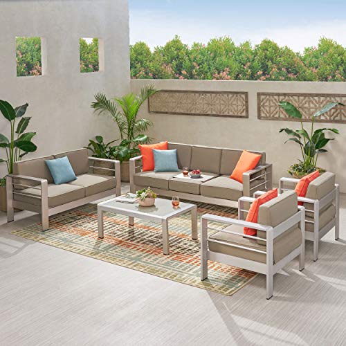 Christopher Knight Home Nicole Outdoor 7-Seater Patio Sofa Set with Coffee Table, Silver + Khaki