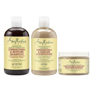 sheamoisture strengthen and restore shampoo, conditioner and masque for damaged hair jamaican black castor oil hair care regimen