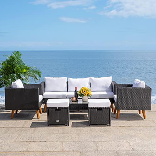 Safavieh Outdoor Collection Presla Wicker Cushion 6-Piece Living Set PAT7715A-3BX, Black/White