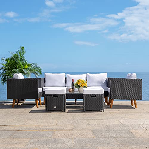 Safavieh Outdoor Collection Presla Wicker Cushion 6-Piece Living Set PAT7715A-3BX, Black/White