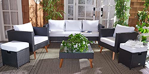 Safavieh Outdoor Collection Presla Wicker Cushion 6-Piece Living Set PAT7715A-3BX, Black/White