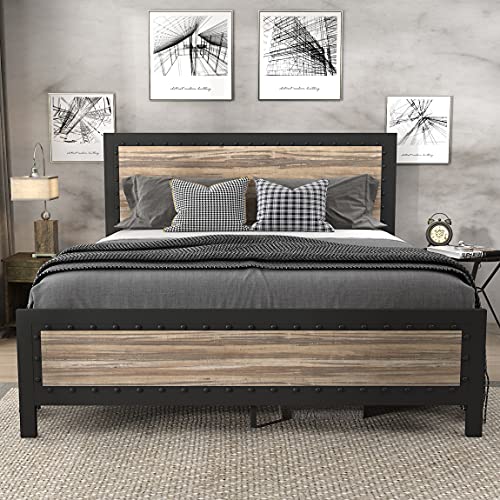 SHA CERLIN Heavy Duty Full Size Bed Frame/Metal Platform Bed with Rivet Wooden Headboard Footboard/ 13 Strong Steel Slats Support/No Box Spring Needed/Mattress Foundation/Easy Assembly