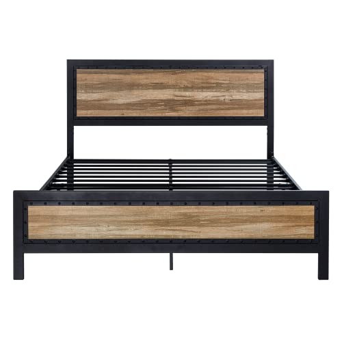 SHA CERLIN Heavy Duty Full Size Bed Frame/Metal Platform Bed with Rivet Wooden Headboard Footboard/ 13 Strong Steel Slats Support/No Box Spring Needed/Mattress Foundation/Easy Assembly