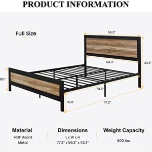 SHA CERLIN Heavy Duty Full Size Bed Frame/Metal Platform Bed with Rivet Wooden Headboard Footboard/ 13 Strong Steel Slats Support/No Box Spring Needed/Mattress Foundation/Easy Assembly