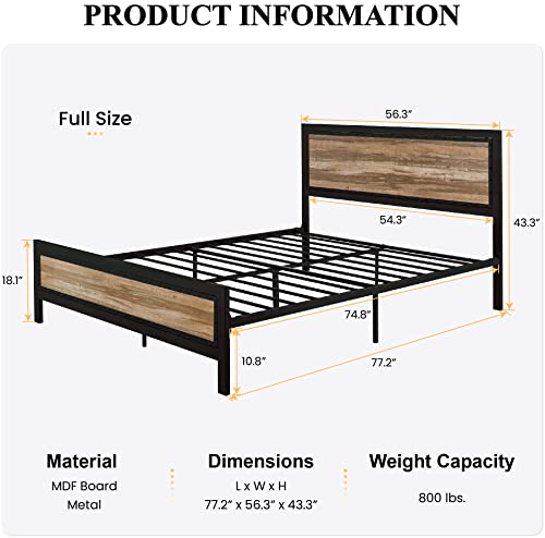 SHA CERLIN Heavy Duty Full Size Bed Frame/Metal Platform Bed with Rivet Wooden Headboard Footboard/ 13 Strong Steel Slats Support/No Box Spring Needed/Mattress Foundation/Easy Assembly