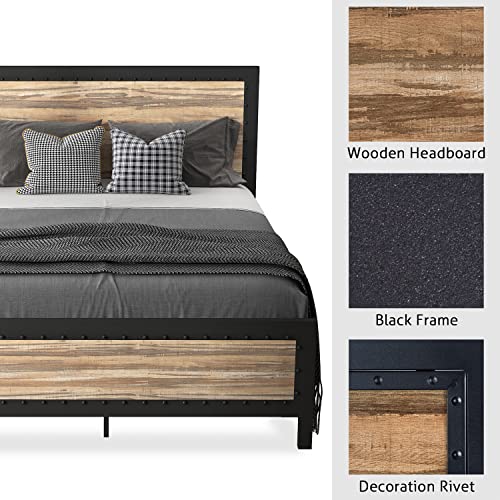 SHA CERLIN Heavy Duty Full Size Bed Frame/Metal Platform Bed with Rivet Wooden Headboard Footboard/ 13 Strong Steel Slats Support/No Box Spring Needed/Mattress Foundation/Easy Assembly