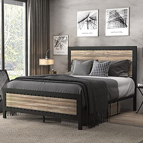 SHA CERLIN Heavy Duty Full Size Bed Frame/Metal Platform Bed with Rivet Wooden Headboard Footboard/ 13 Strong Steel Slats Support/No Box Spring Needed/Mattress Foundation/Easy Assembly