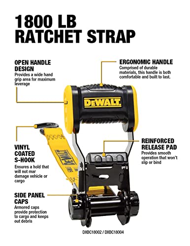 DEWALT DXBC18002 Black/Yellow 1.25" x 12' Ratchet Tie Down Straps - Light-Weight Cargo Hauling (1800 lb Break Strength), 2 Pack