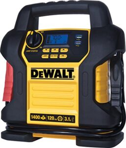 dewalt dxaej14 digital portable power station jump starter: 1400 peak/700 instant amps, 120 psi digital air compressor, 3.1a usb ports, battery clamps , yellow