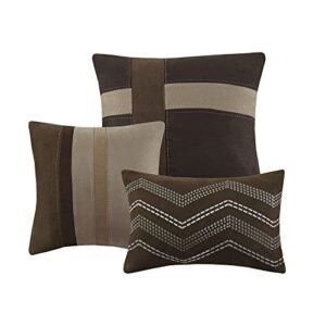 Madison Park Palisades Comforter Set Modern Faux Suede Pieced Stripe Design, All Season Down Alternative Cozy Bedding with Matching Shams, Decorative Pillows, Queen(90"x90"), Brown 7 Piece